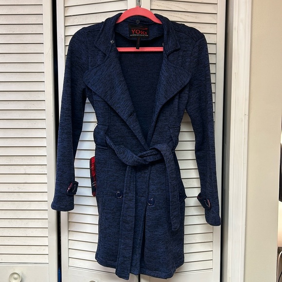 Yoki | Jackets & Coats | Navy Blue Pea Coat With Plaid Trim | Poshmark
